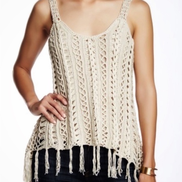 Angie | Tops | Angie Tank Womens Ivory All Over Crochet Vneck Fringe ...